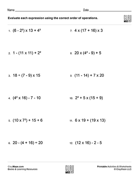 Order of Operations Worksheets: Level 1 (Single Parentheses ...