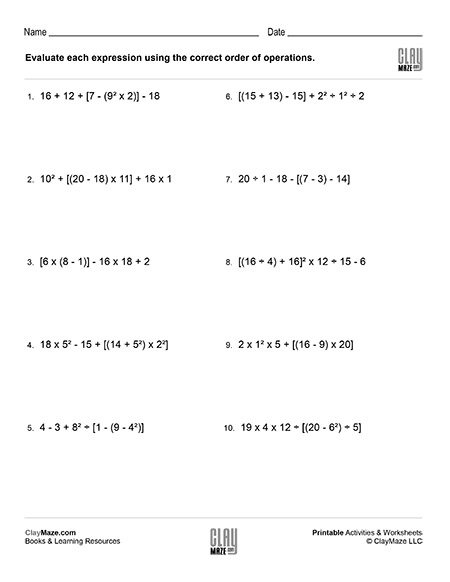 Order of Operations Worksheets: Level 2 (Nested Parentheses ...