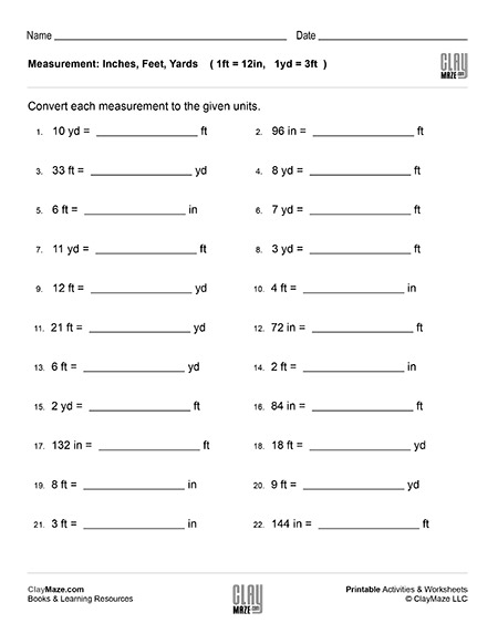 Unit Conversion Worksheets: Inches, Feet, and Yards (Whole Numbers ...