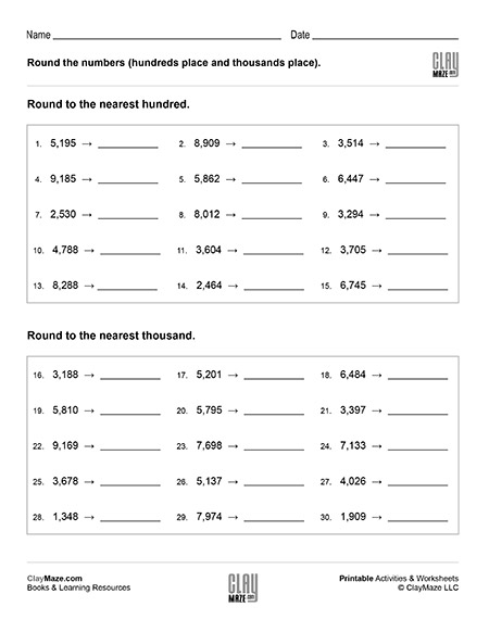 Rounding Numbers Worksheets - Hundreds Place and Thousands Place with 4 ...